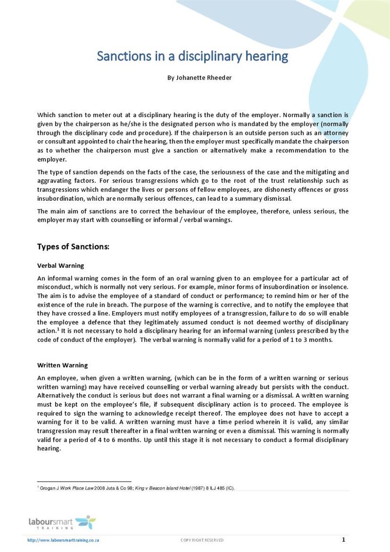 Sanctions In A Disciplinary Hearing Document Labour Law South Africa 